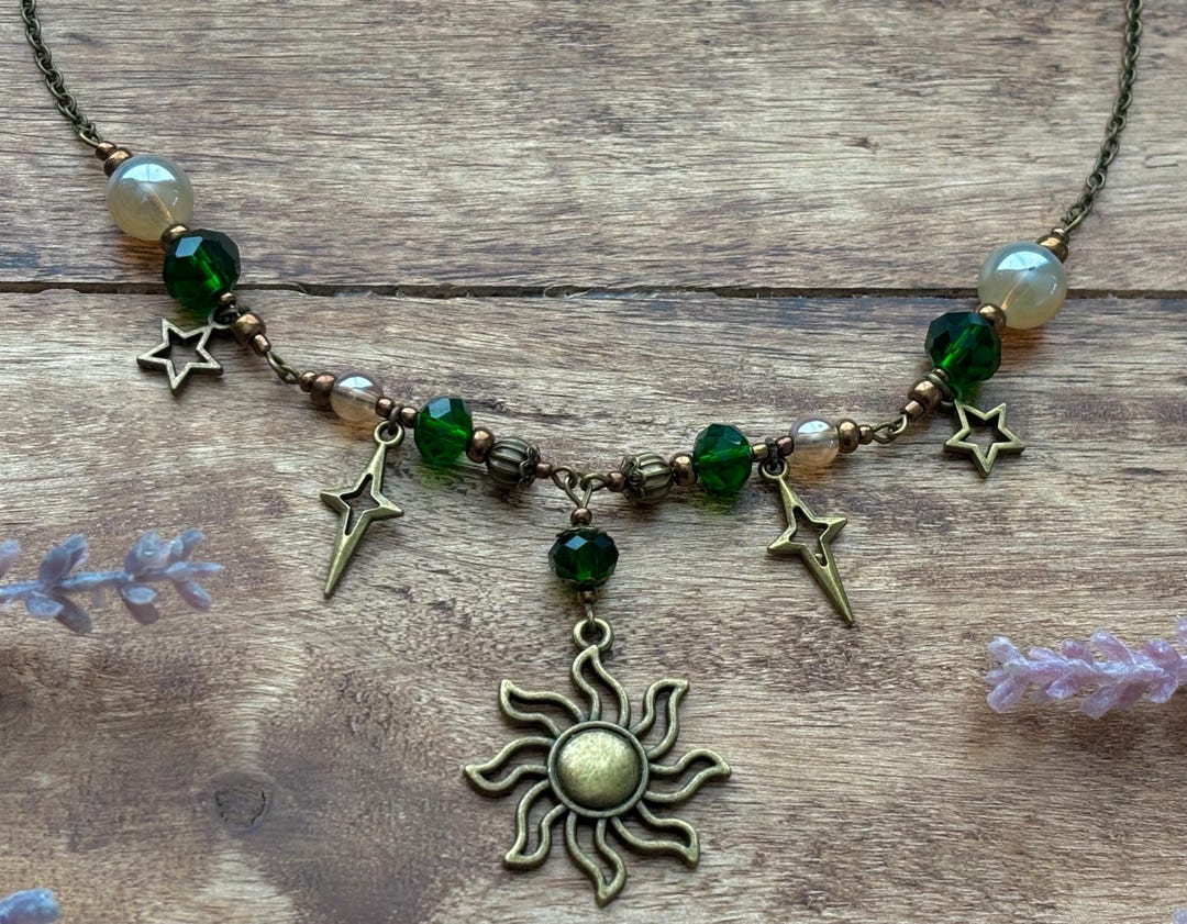 Whimsigoth Bronze Sun Deep Green Beaded Necklace With Star Accents ...