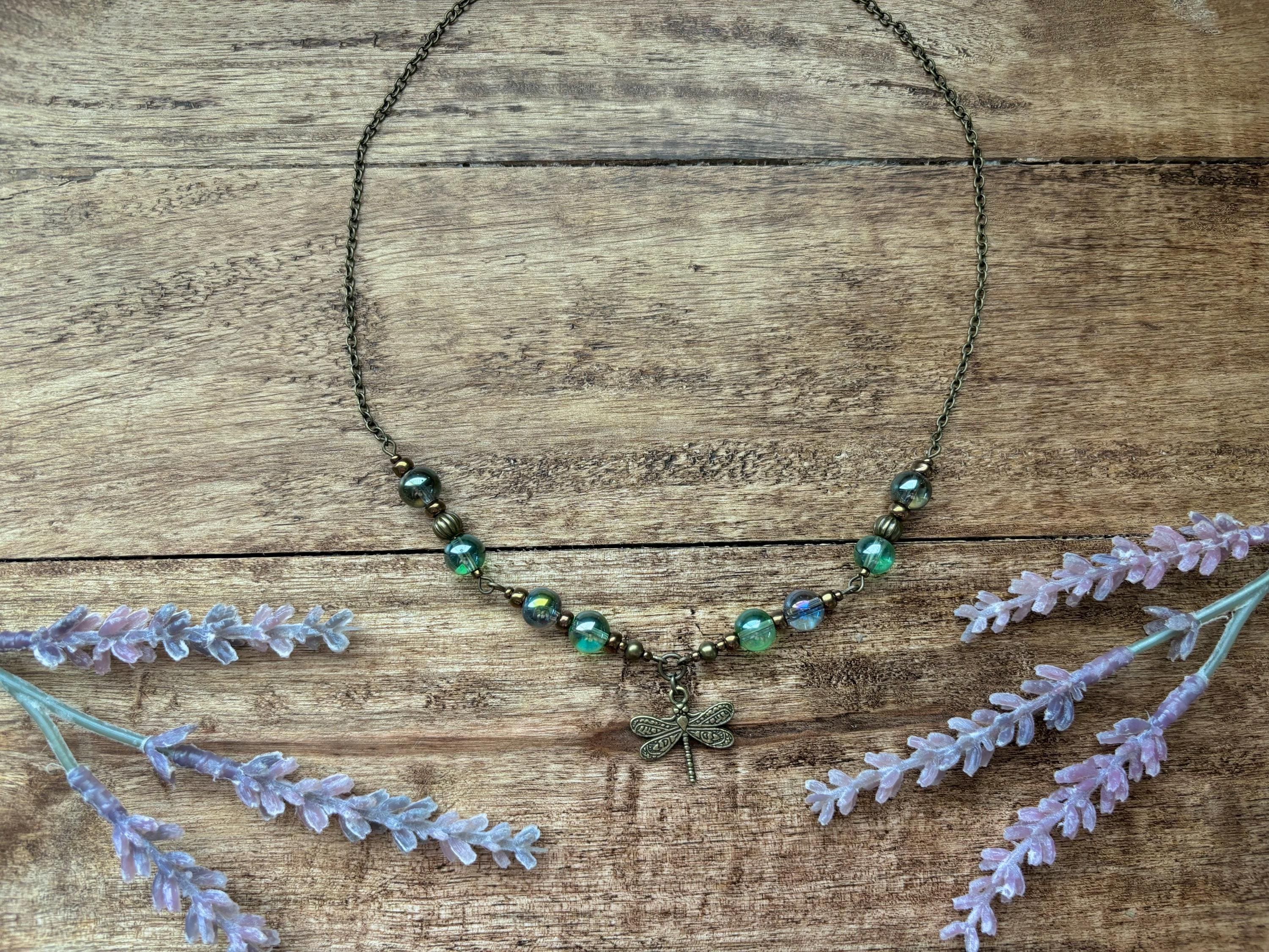 Whimsigoth Dragonfly Green Beaded Necklace in Bronze | Fairycore ...