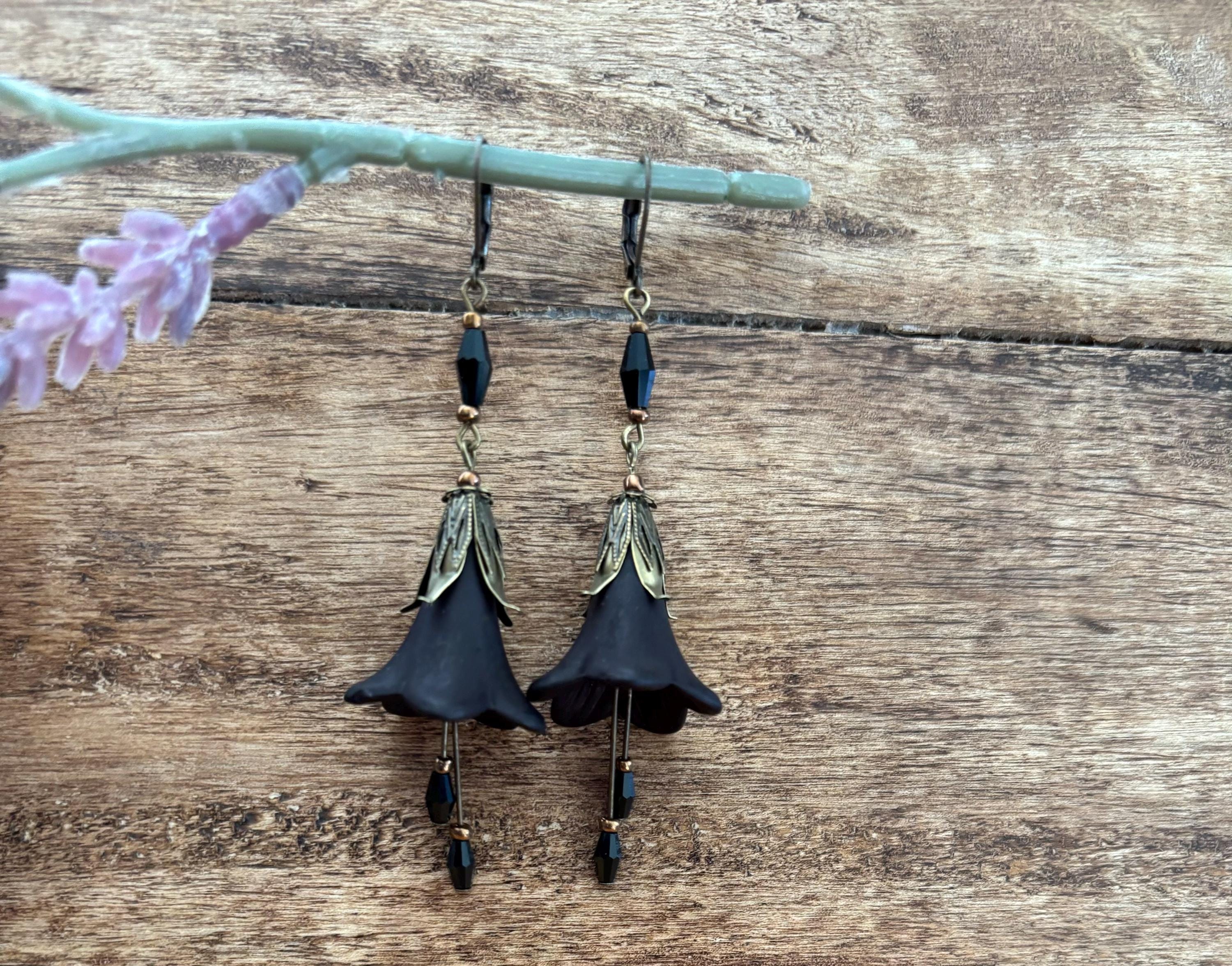 Whimsigoth Black Trumpet Flower Chandelier Earrings | Goth | Whimsical ...