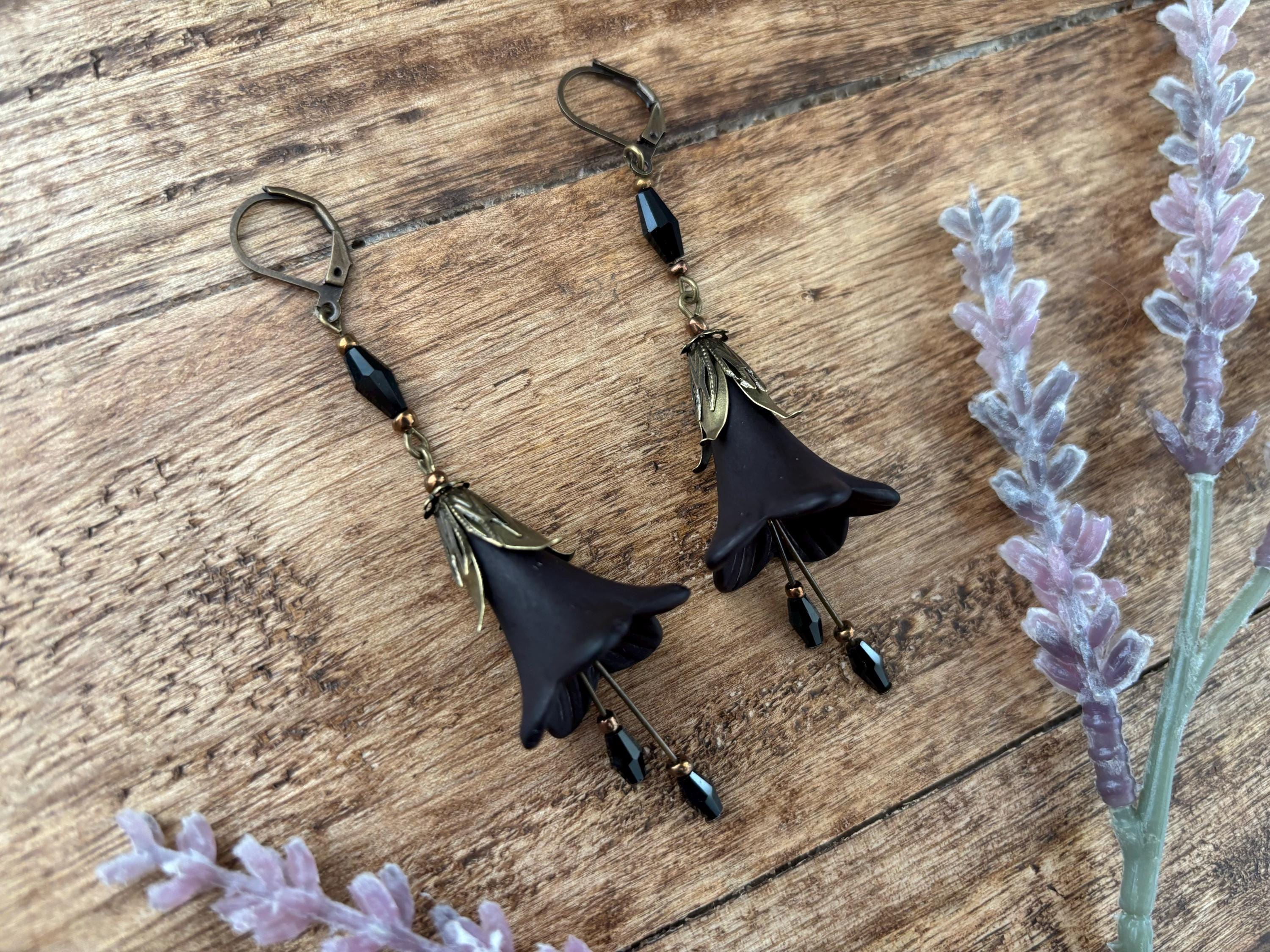 Whimsigoth Black Trumpet Flower Chandelier Earrings | Goth | Whimsical ...