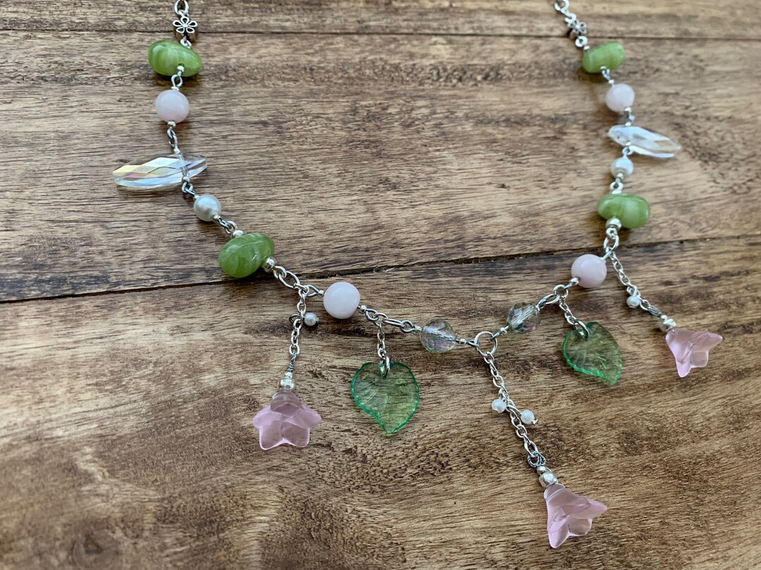 Whimsigoth Pink Lily Flower Rose Quartz Beaded Necklace in Silver With ...