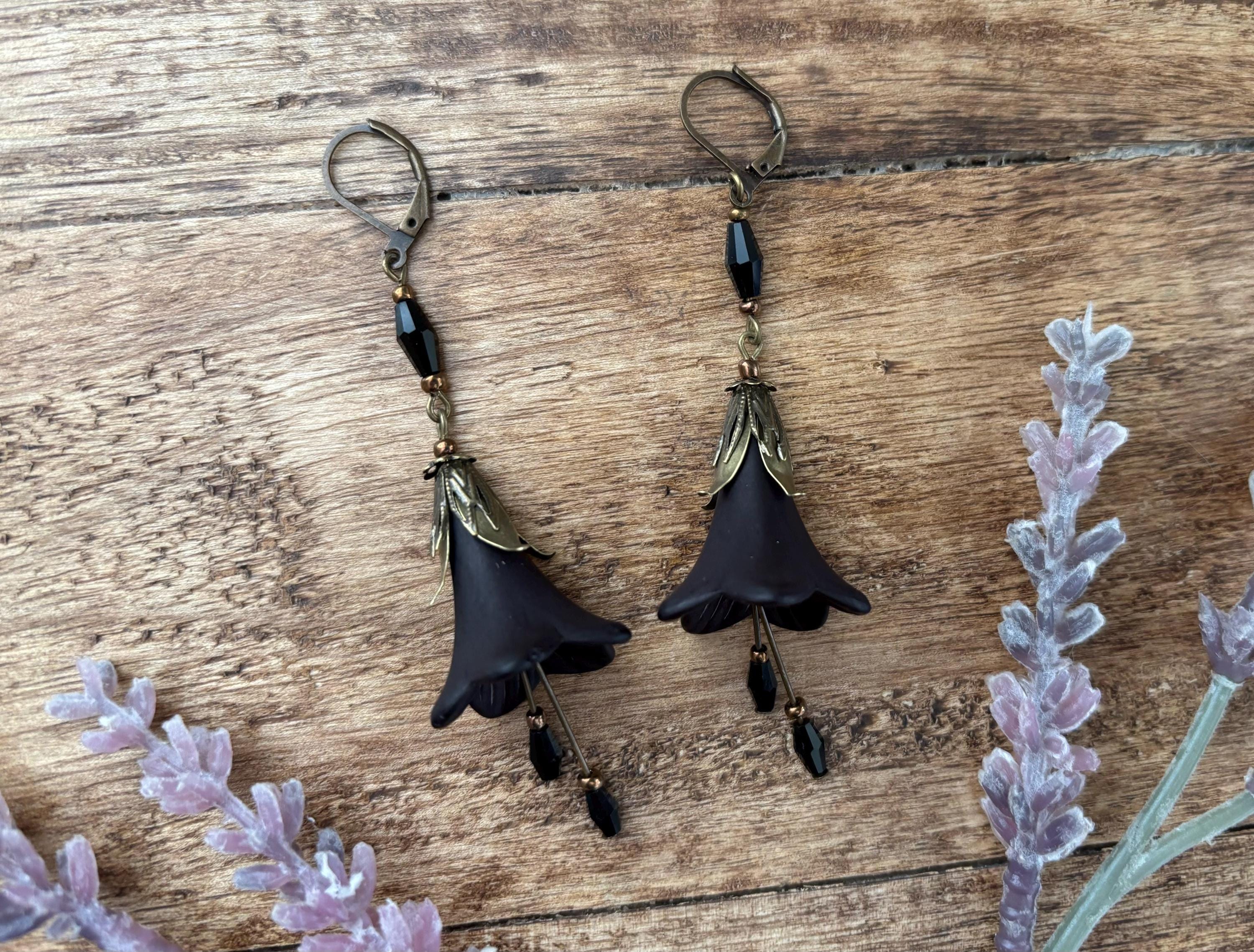 Whimsigoth Black Trumpet Flower Chandelier Earrings | Goth | Whimsical ...