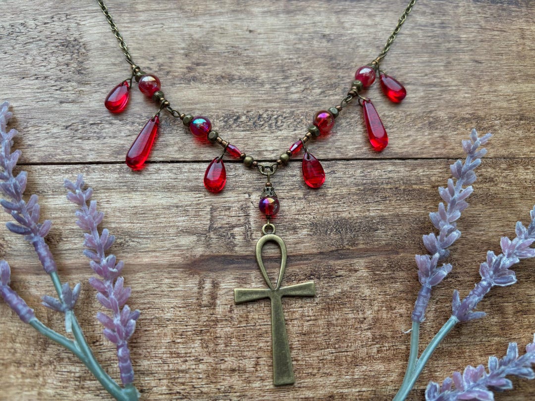 Gothic Red Blood Drop Ankh Beaded Necklace With Bronze | Whimsigoth ...