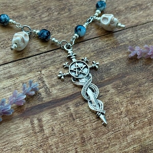 Grunge Pentagram Serpentine Skull Sword Beaded Necklace | Gothic ...