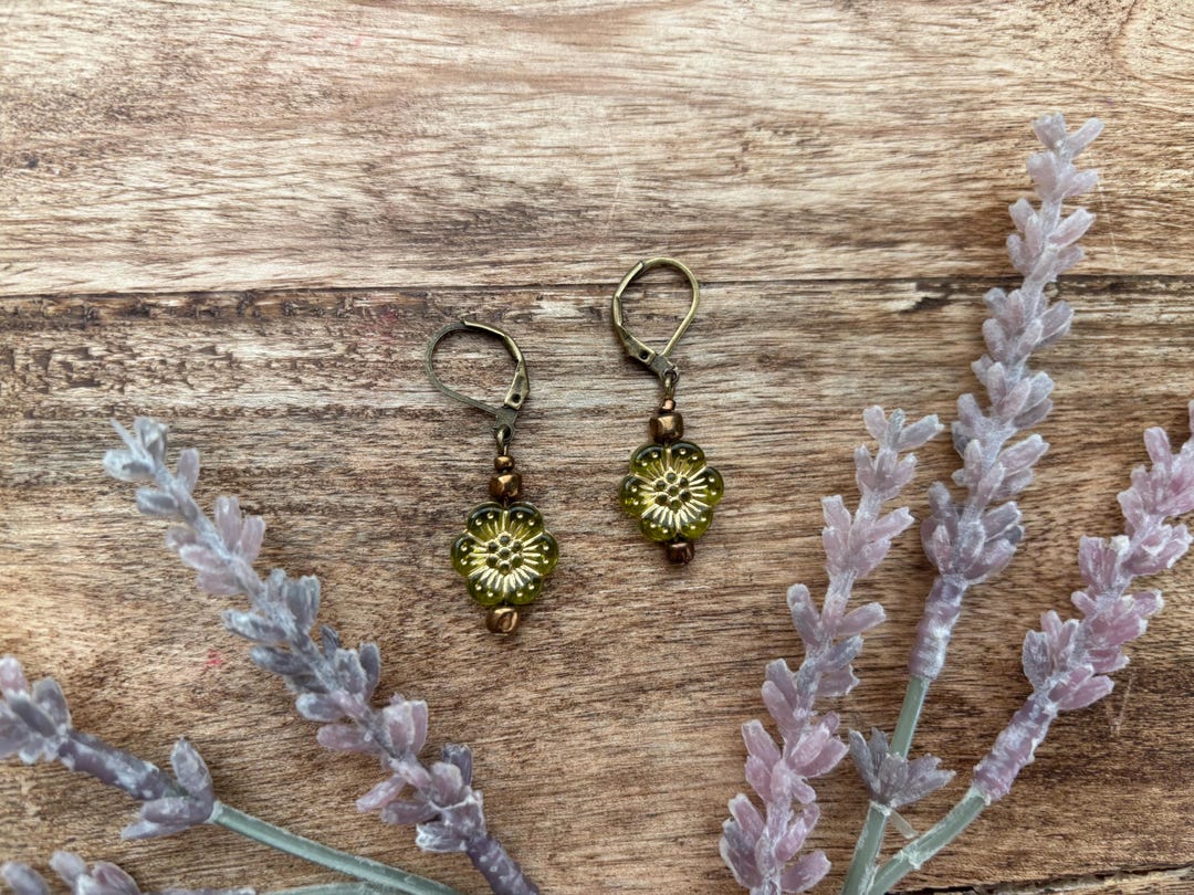 Whimsigoth Bohemian Moss Green Flower Earrings in Bronze | Fairycore ...