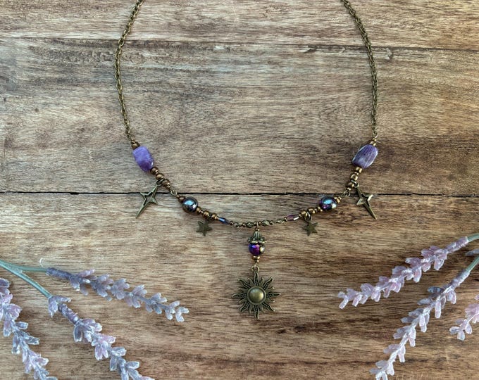 Amethyst Crystal Beaded Necklace Choker With Sun Pendant in Bronze ...