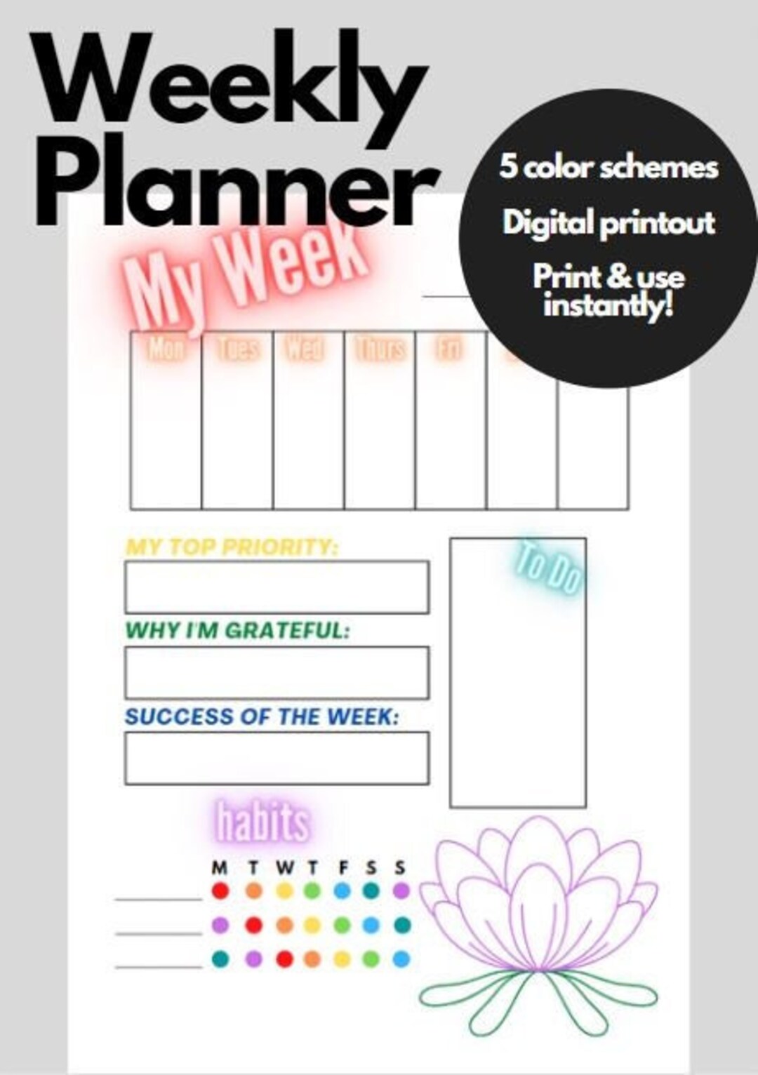 Weekly Planner Printable, Simple, 5 Color Schemes, Monday-sunday, A4 ...