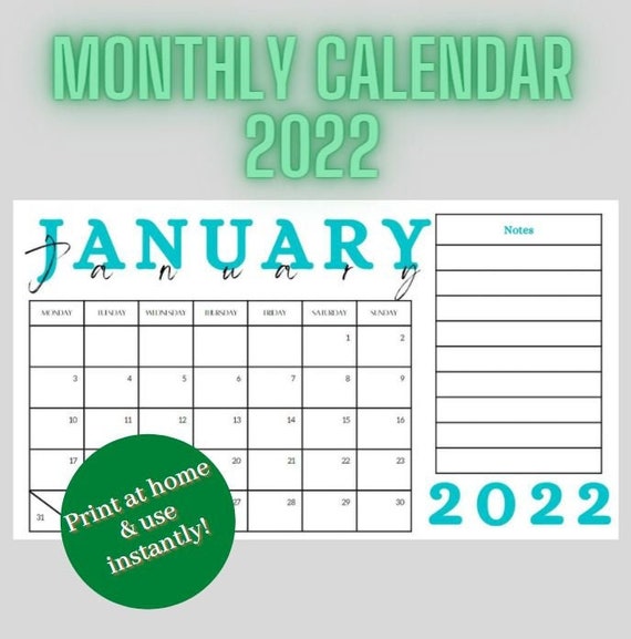 Monthly Calendar 2022 Printable Simple Teal Classic | Etsy