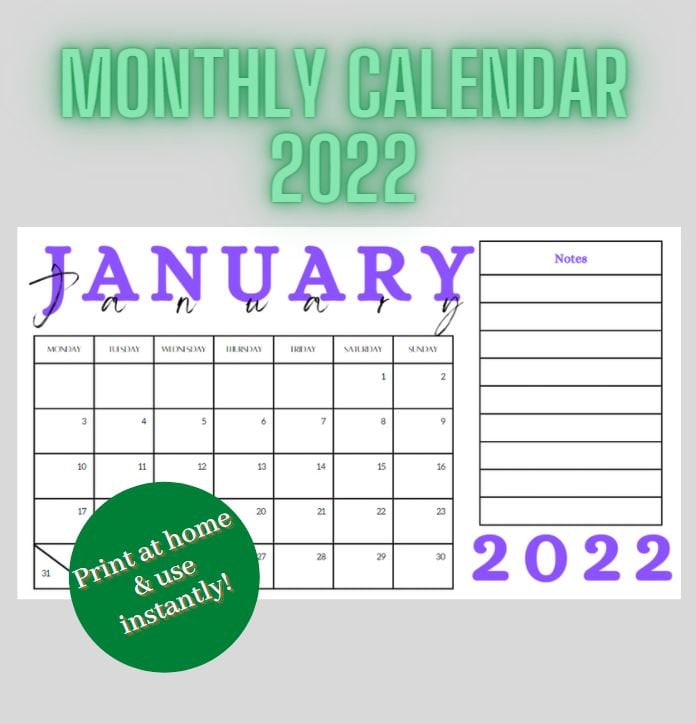 Monthly Calendar 2022 Printable Simple Purple Classic Monday-sunday, 12 ...