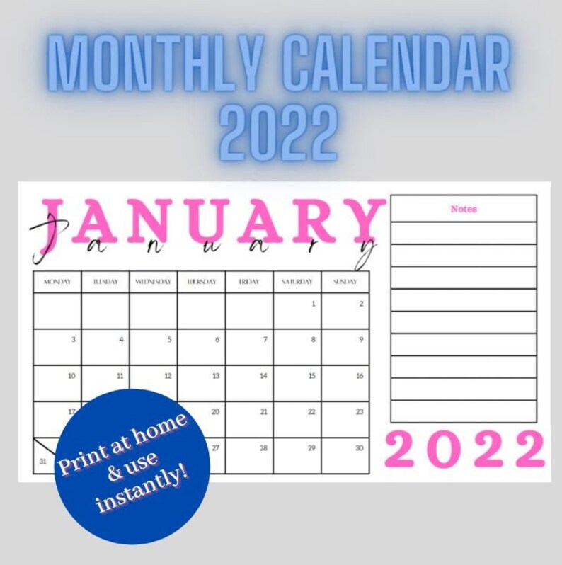 Monthly Calendar 2022 Printable Simple Pink Classic - Etsy