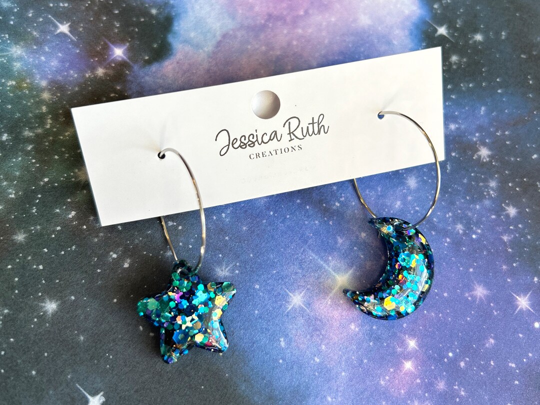 Sparkly Blue Celestial Moon and Star Hoop Earrings - Etsy