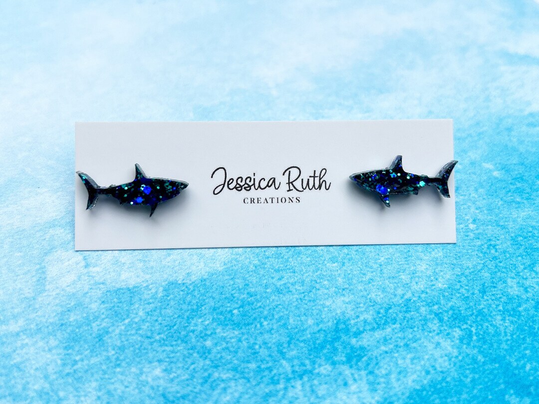 Shark Stud Earrings, Shark Studs With Blue Mix Glitter, Gift for Beach Lover, Summer Accessory ...
