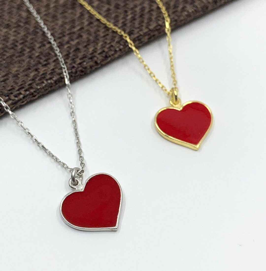 Red Enamel Heart Necklace, 925 Sterling Silver, Enamel Heart Necklace ...