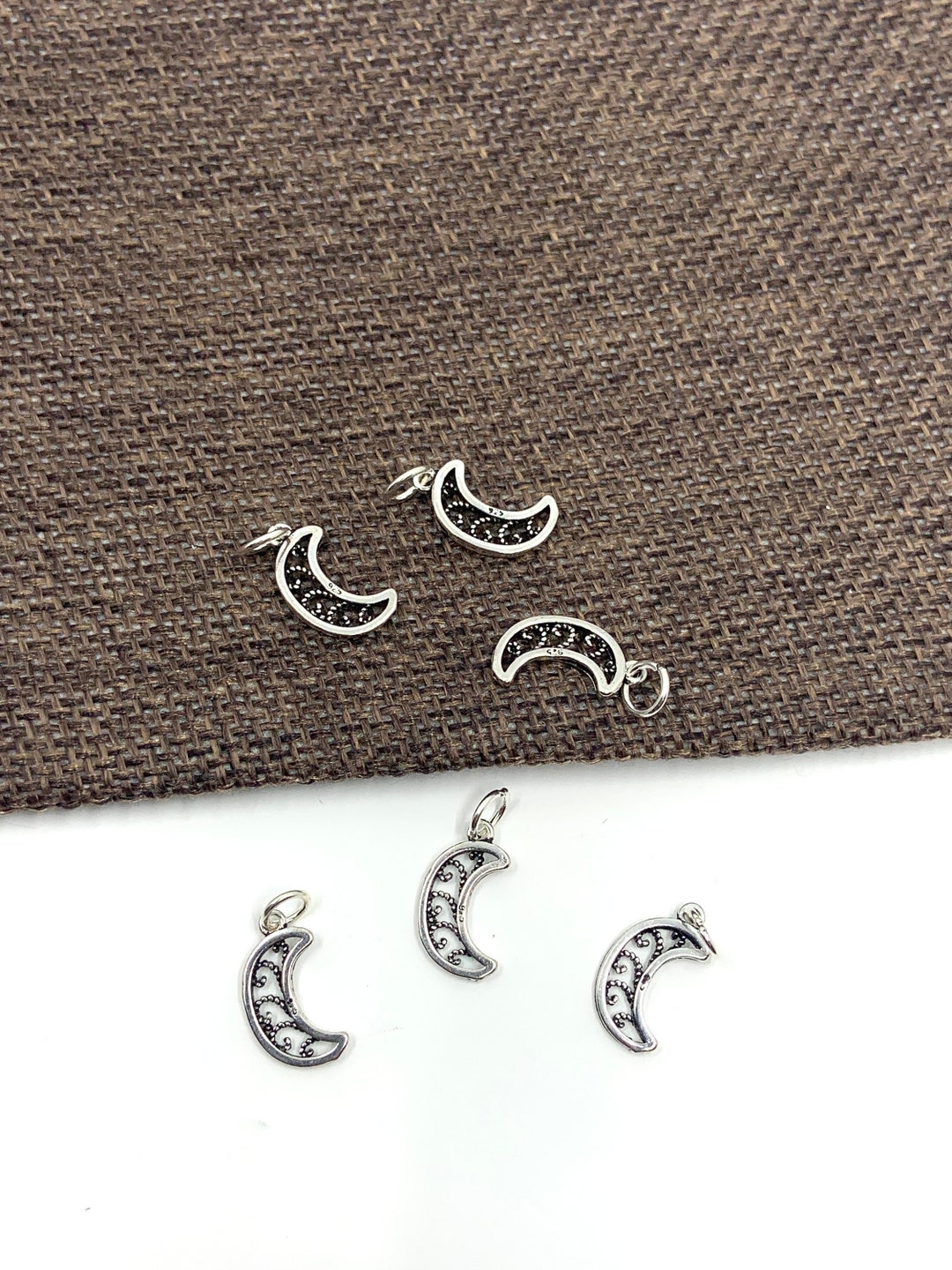 925 Sterling Silver, Filigree Crescent Moon Charm, Half Moon Charm ...