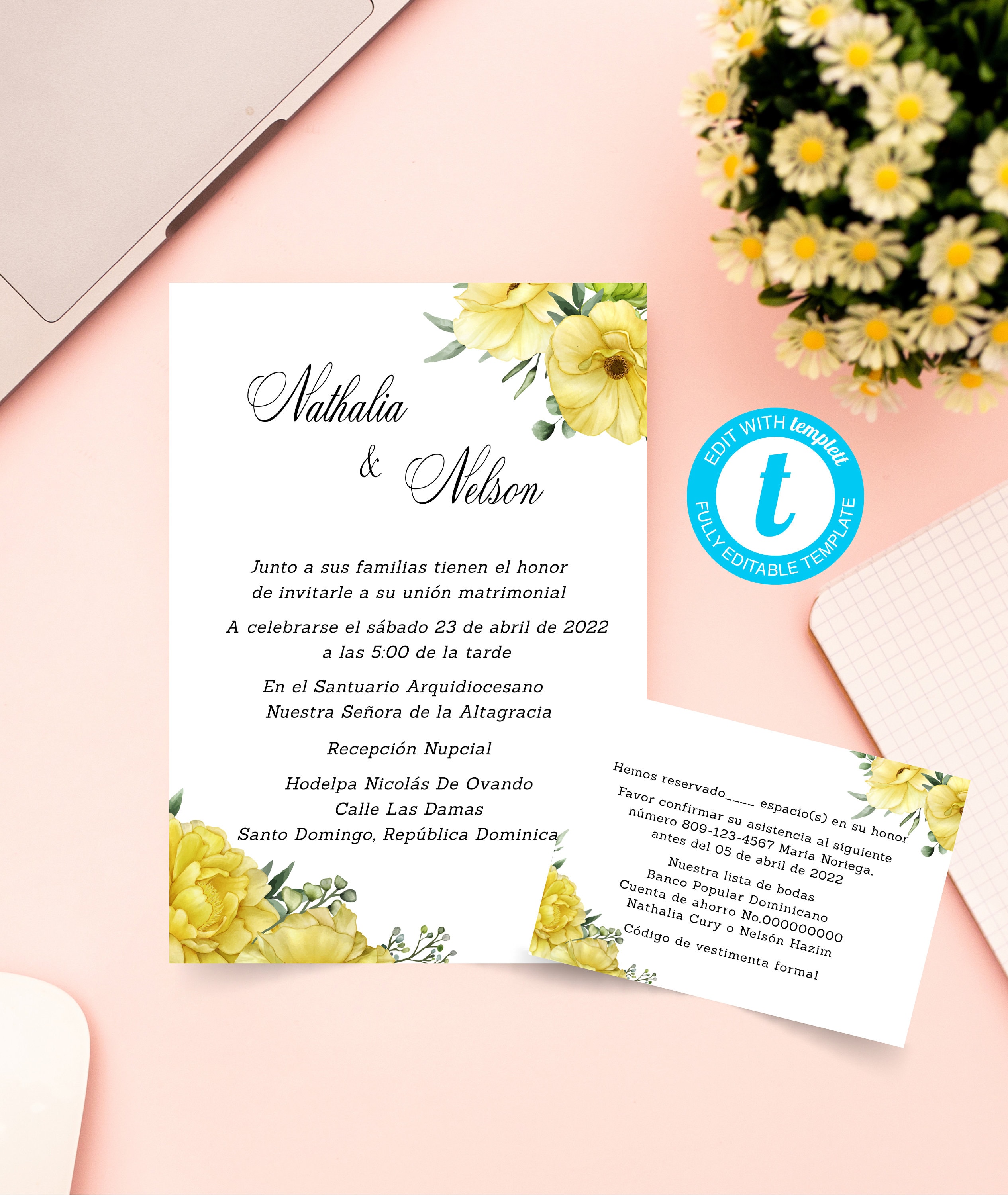 Wedding Invitation With Yellow Flowers Wedding Invitation - Etsy