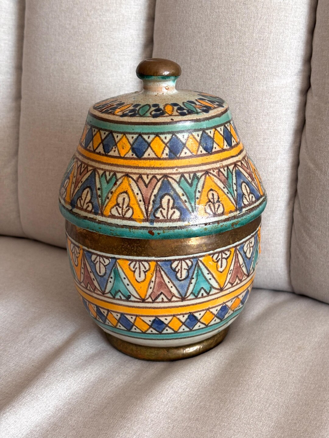 Vintage Moroccan Pottery Jar – Hand-painted Design in Earthy Tones ...