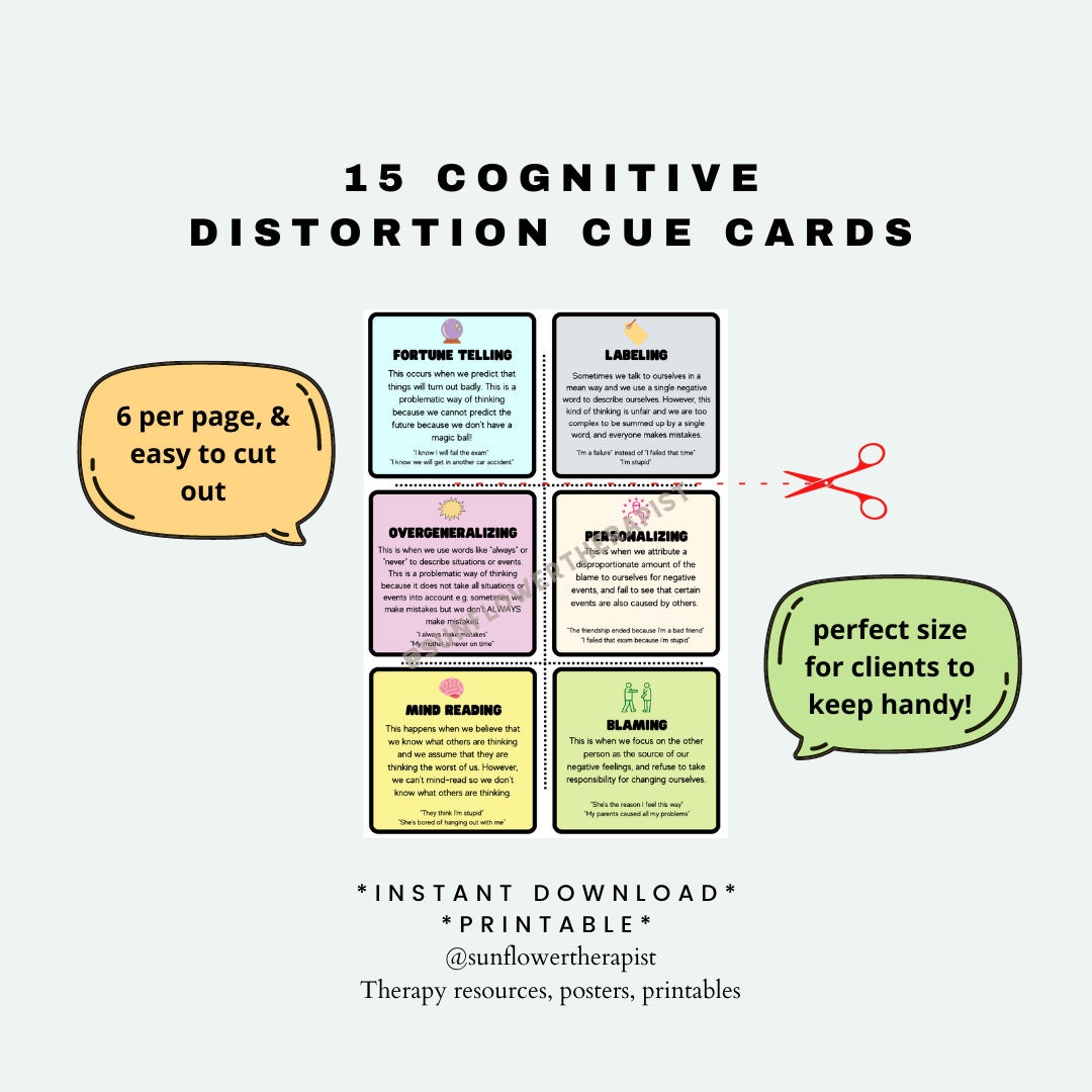 Cognitive Distortion Cue Cards, CBT, Therapy Tool, Unhelpful Thinking ...