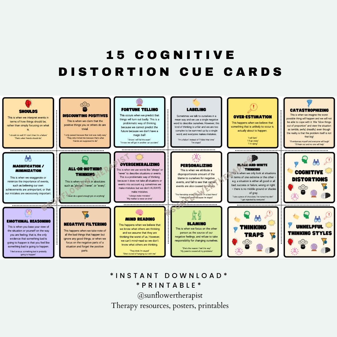 Cognitive Distortion Cue Cards, CBT, Therapy Tool, Unhelpful Thinking ...