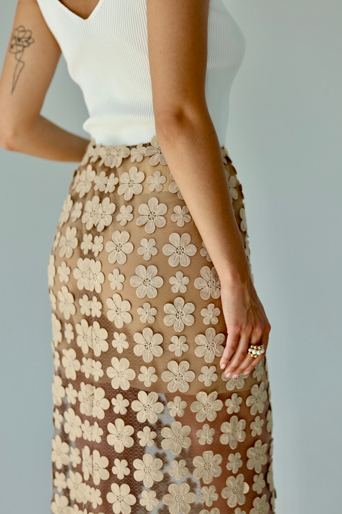 Elegant Sheer Lace Maxi Skirt With Dimensional Floral Design, Lace Maxi Skirt, See Throught ...