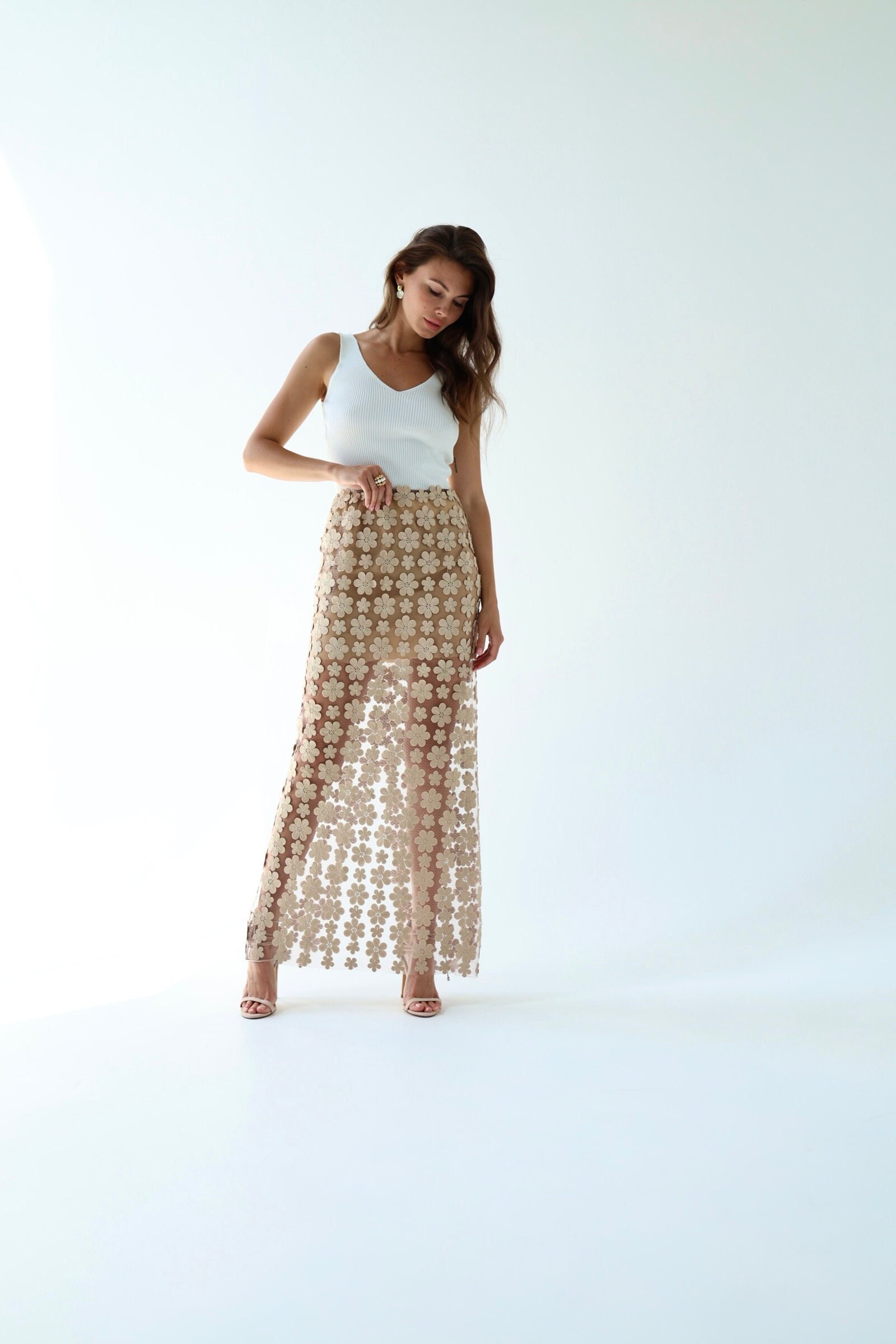 Elegant Sheer Lace Maxi Skirt With Dimensional Floral Design, Lace Maxi ...