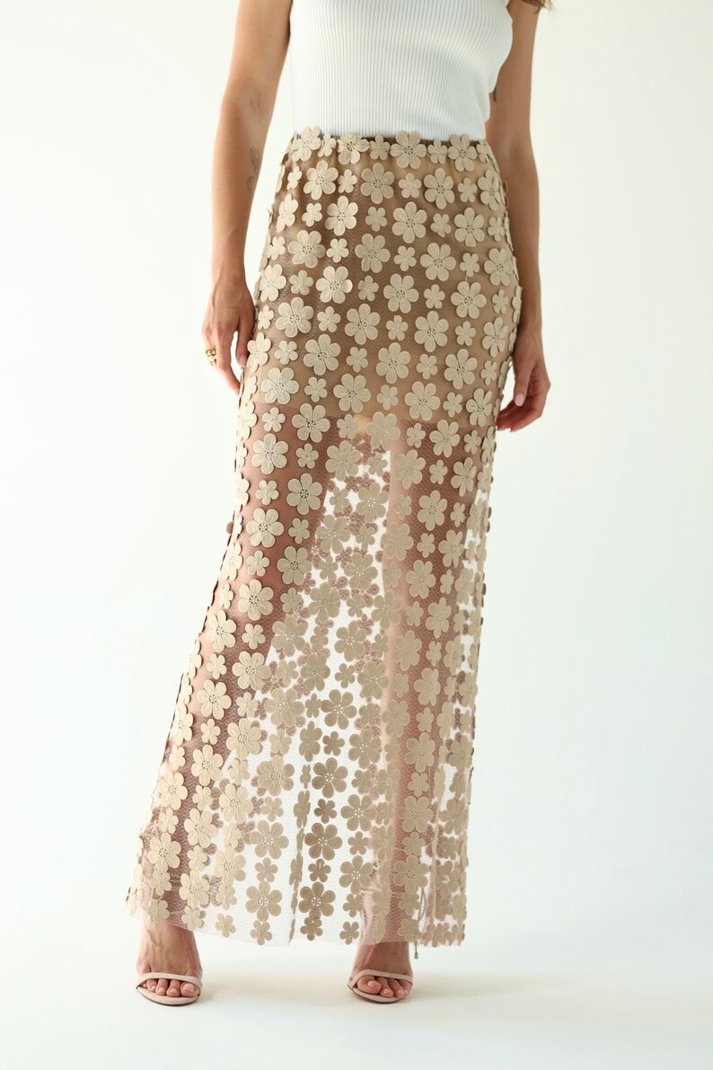 Sheer Lace Maxi Skirt With 3D Floral Embellishments, Transparent Lace Skirt With Bold 3D Flowers ...