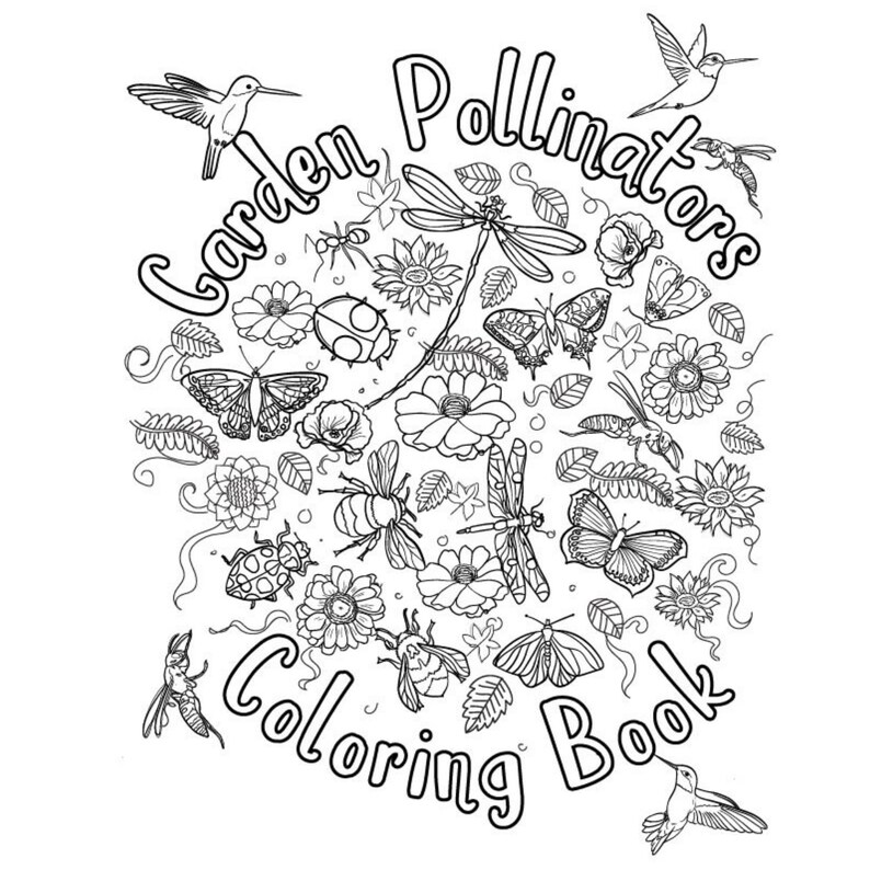 Garden Pollinators Coloring Page, Herb & Plant Coloring Page, Grayscale ...
