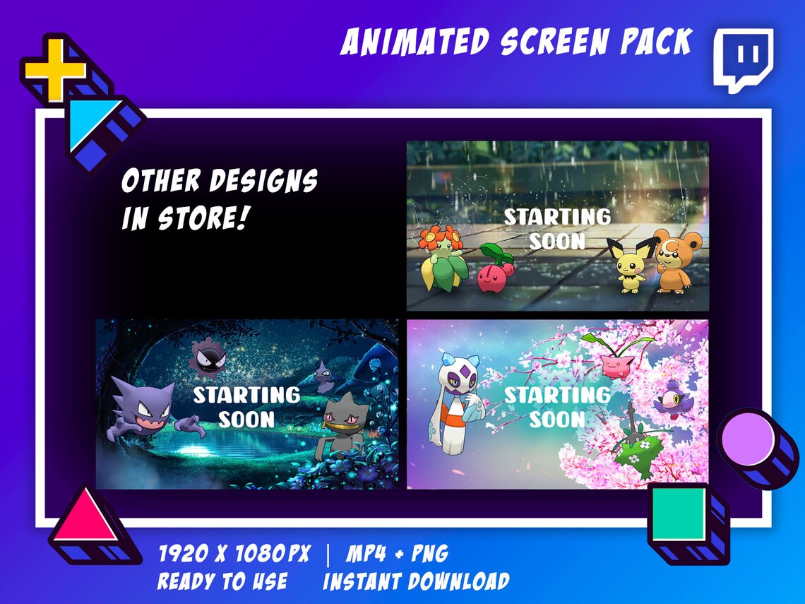 Twitch Animated Stream Screen Pack Pokemon Rainy Day Theme / Starting ...