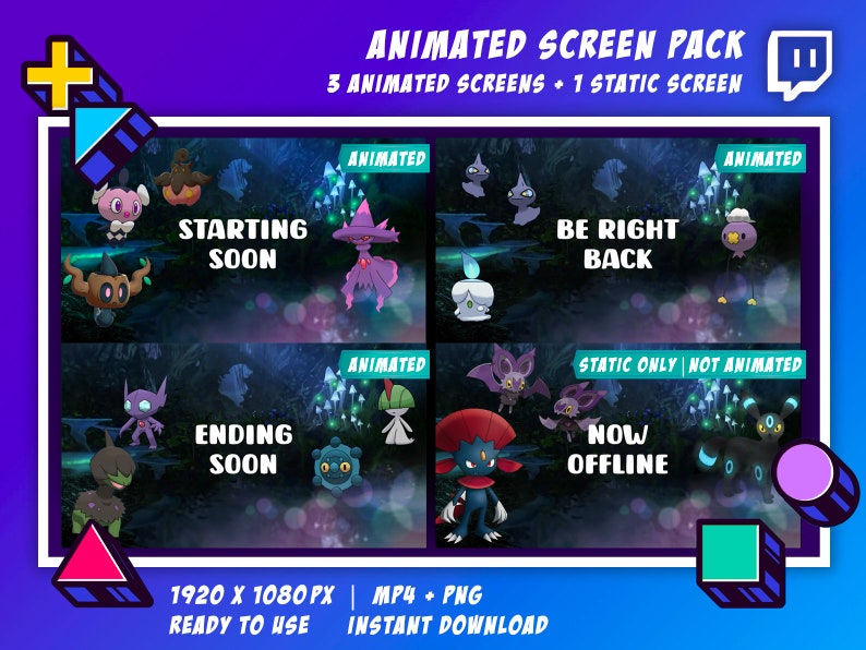 Twitch Animated Stream Screen Pack Pokemon Night Forest Theme ...
