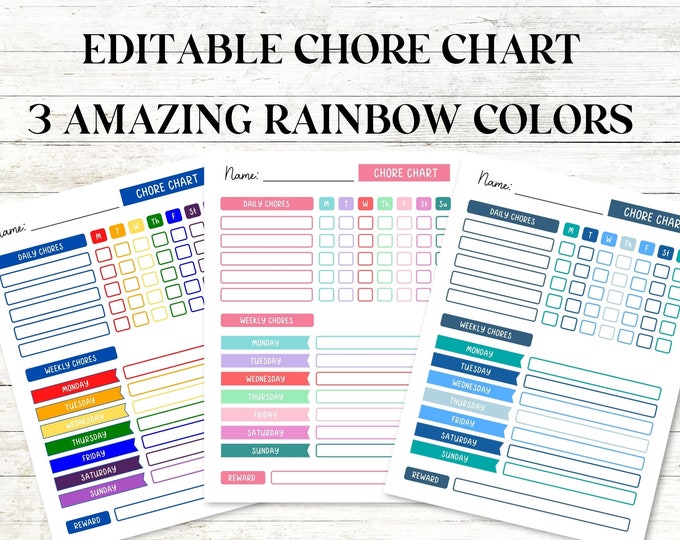 Editable Kids Chore Chart Rainbow and Pastel Colors Daily Chores Weekly ...