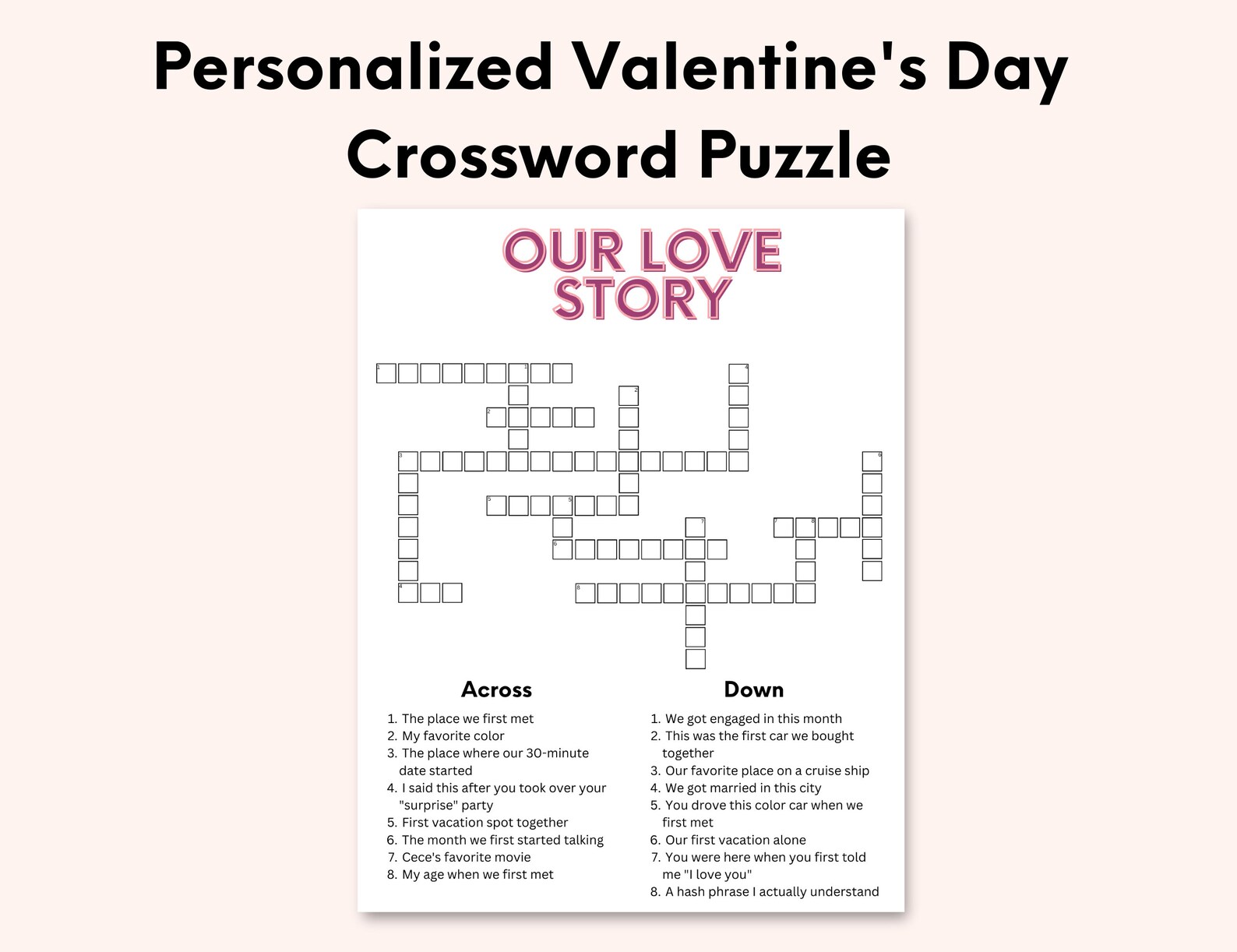 Personalized Valentine's Day Crossword Puzzle, Custom Valentine's Day ...