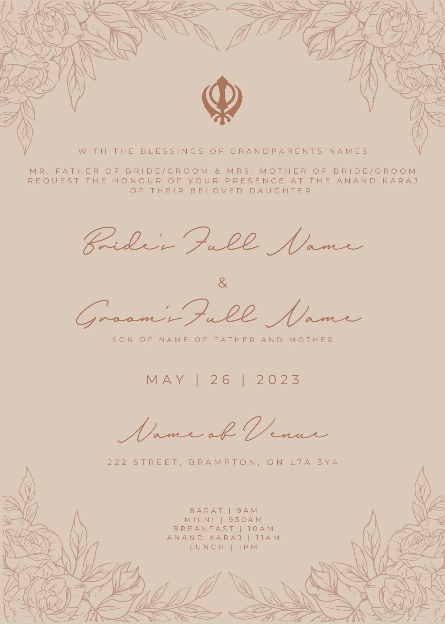 Sikh Wedding Invitation Template Set - Set of 4 Inserts + Free E-vite ...
