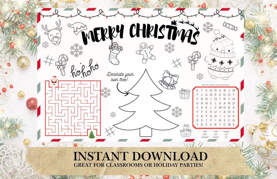 Christmas Activity Placemat for Kids Printable Custom Christmas ...