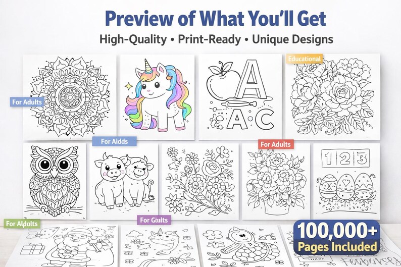 100,000+ Coloring Pages Mega Bundle, Kids Adults, PLR MRR (instant ...
