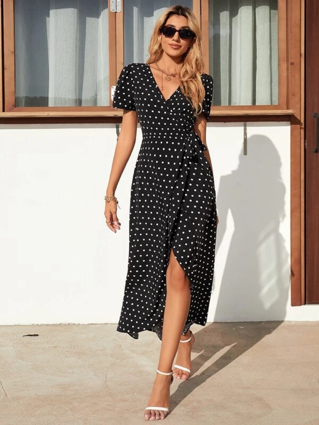 Women Dress Polka Dot Boho Midi Wrap Dress Summer Short - Etsy