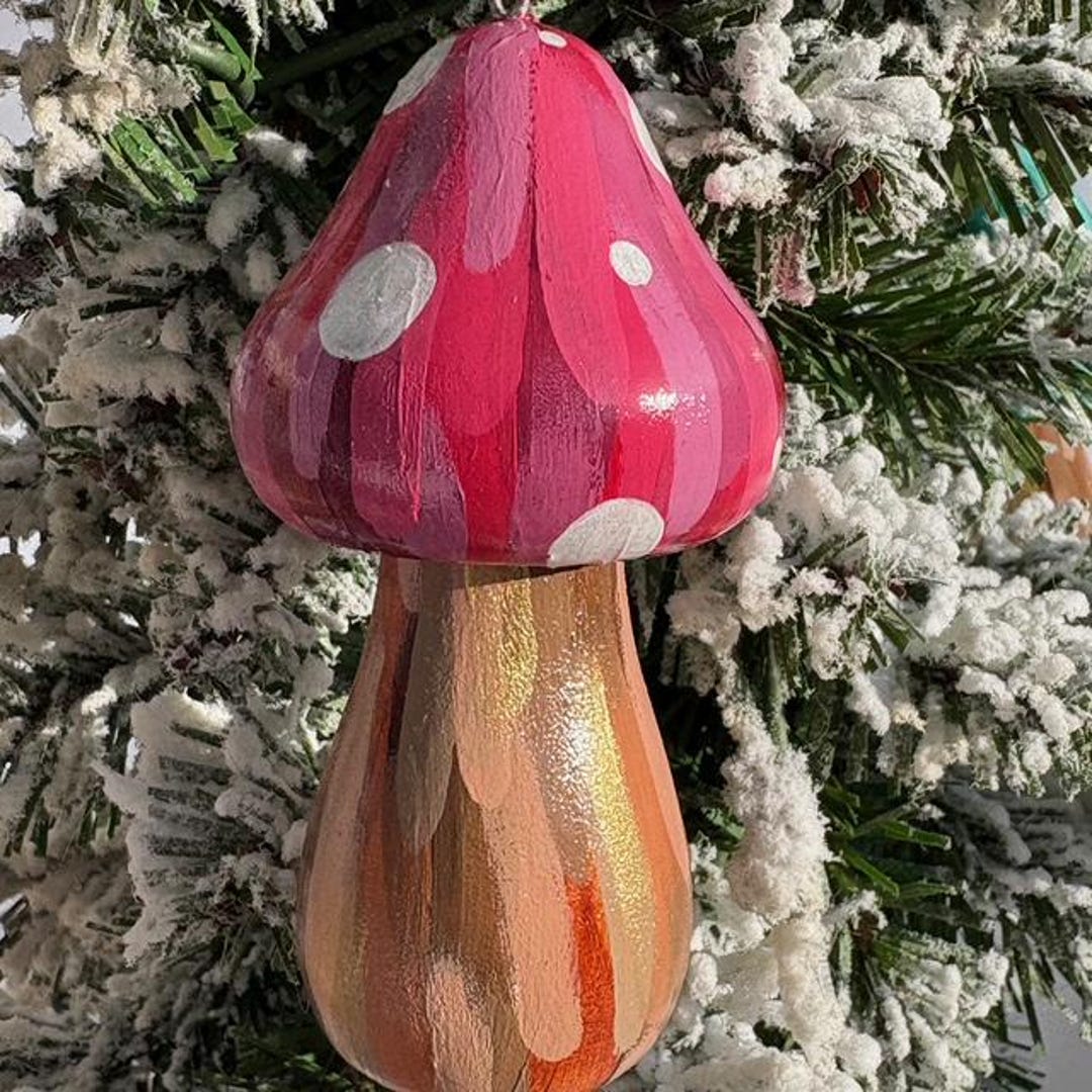 Hand Painted Wood Mushroom Ornament - Acrylic Brushstrokes W/ Gold ...
