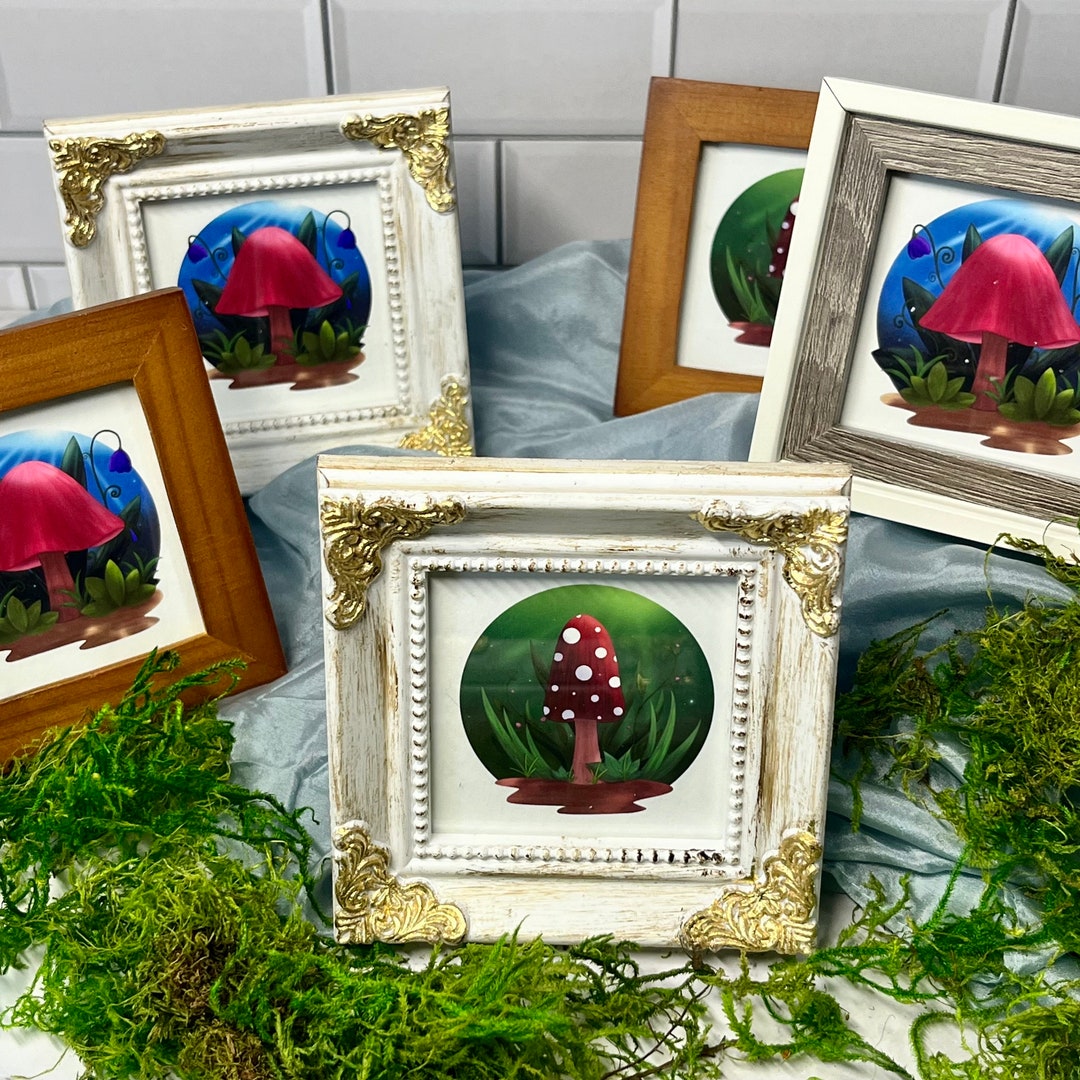 Mini Framed Mushroom Scene Prints! Colorful 3 Inch by 3 Inch Mushrooms ...