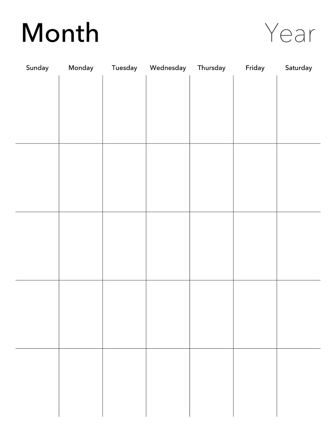 Blank Calendar Template Monthly Customizable Digital Printable - Etsy