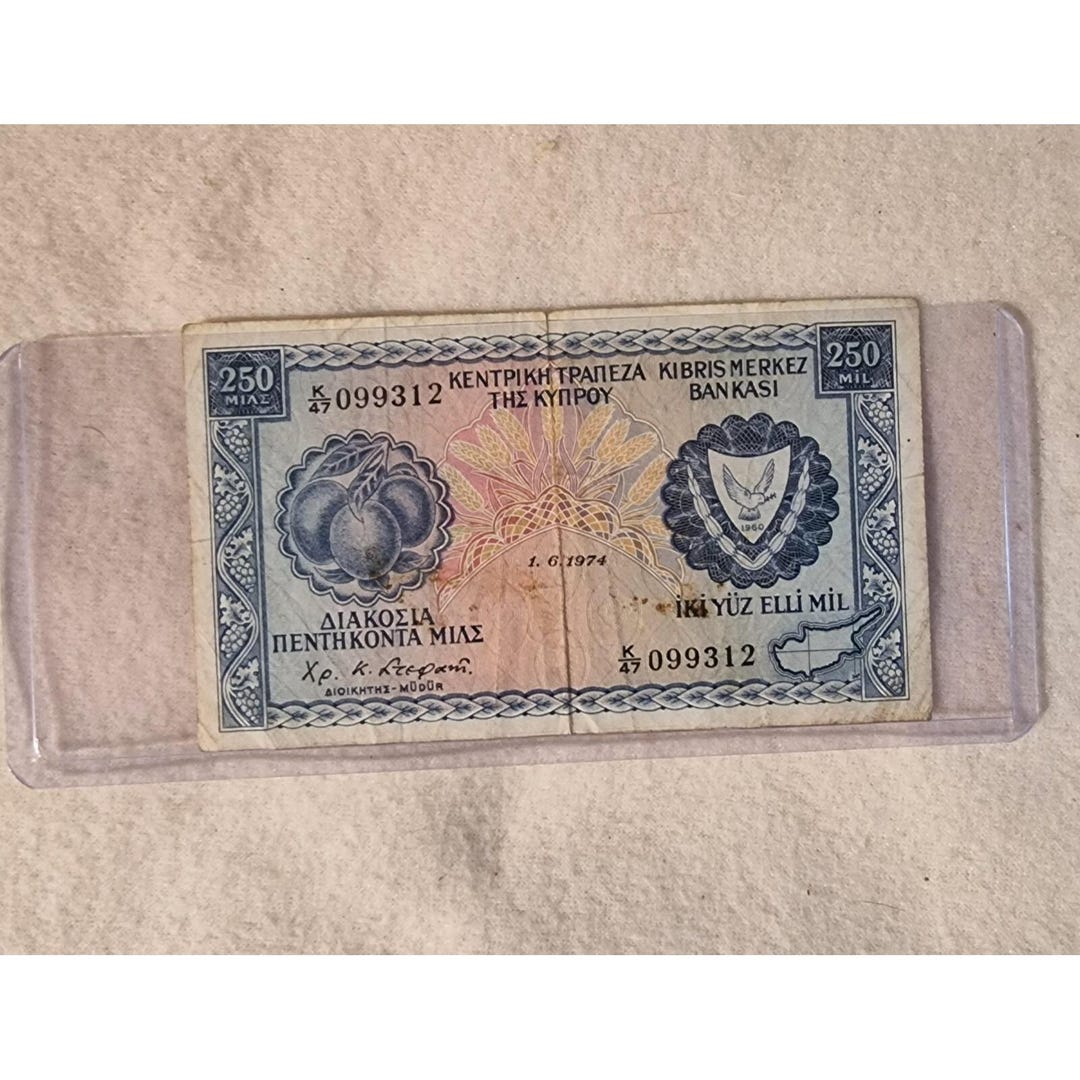 Cyprus 250 Mils Banknote 1974 – Vintage World Money Note – Rare ...