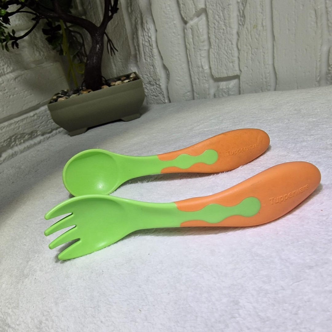 Vintage Tupperware Kids Spoon Fork Set 4448A-1 4449A-2 Orange Green ...