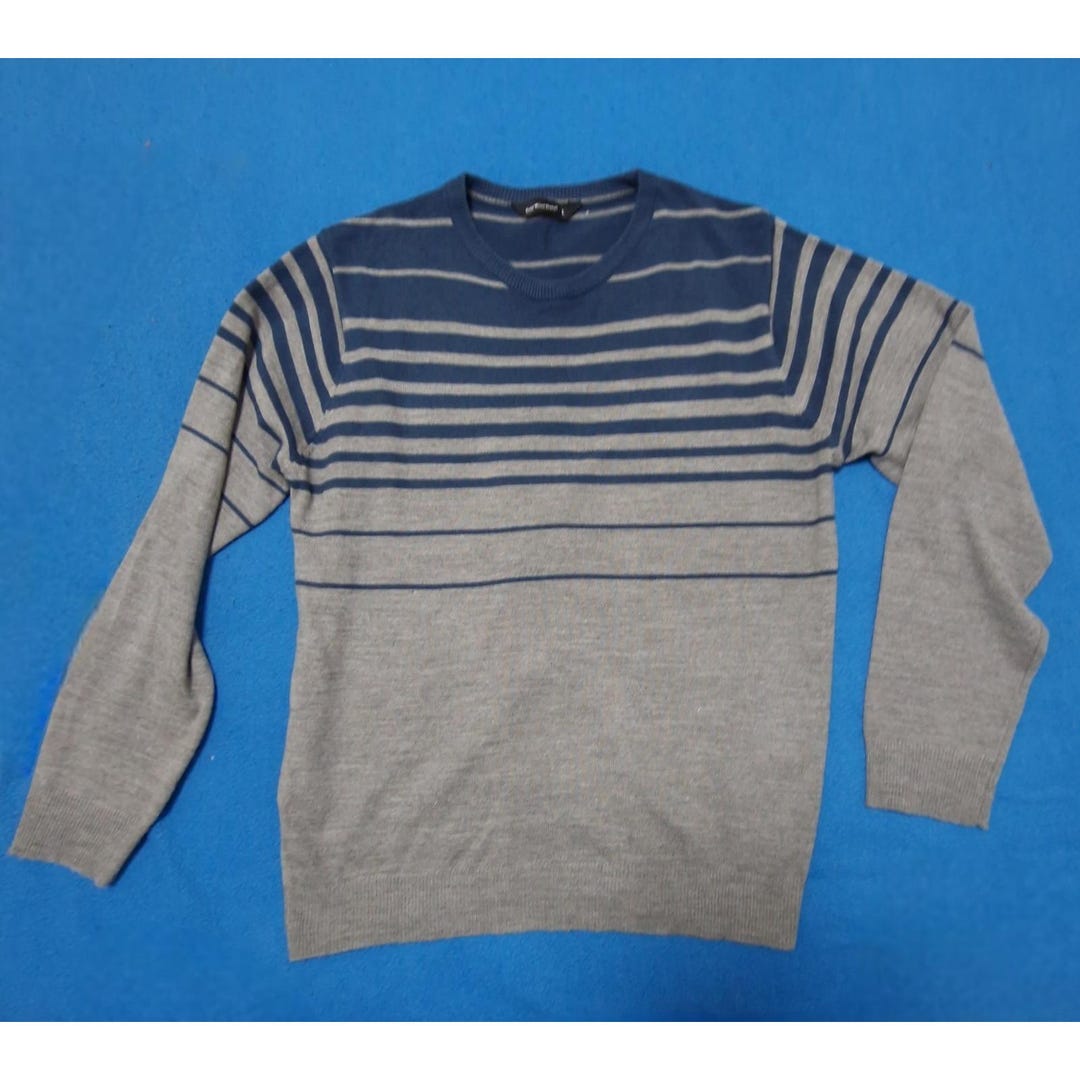 Primark Sweater L Men’s Blue Grey Stripe Knit Jumper Casual Retro ...