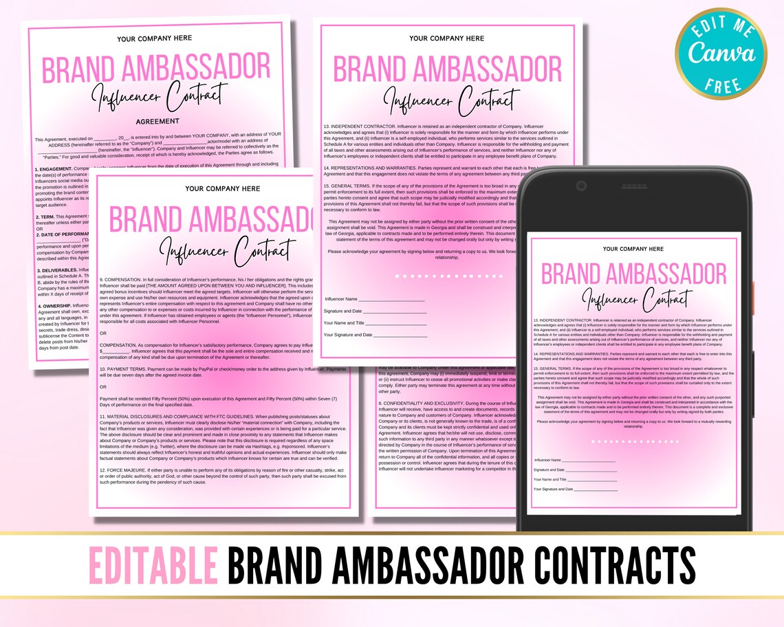 Brand Ambassador Forms Brand Influencer Contract Brand - Etsy