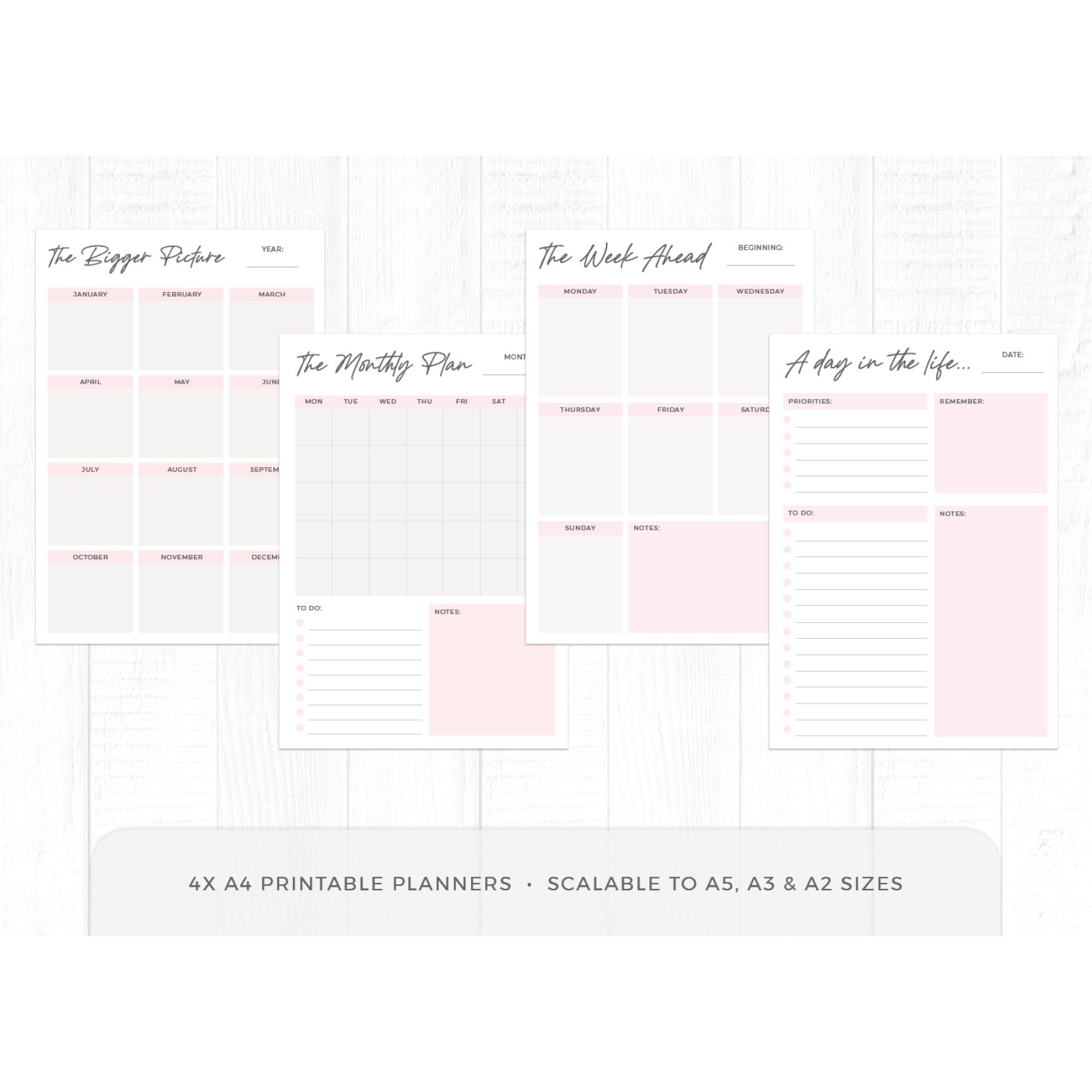 A4 Printable PDF Undated Daily Weekly Monthly Yearly Planner Set - Pink ...