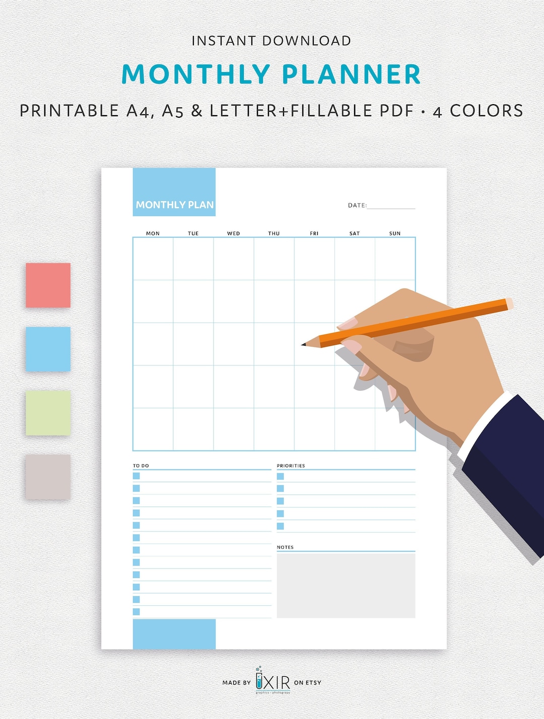 FILLABLE Monthly Planner Printable / in 4 Colours / A4, A5, US Letter ...