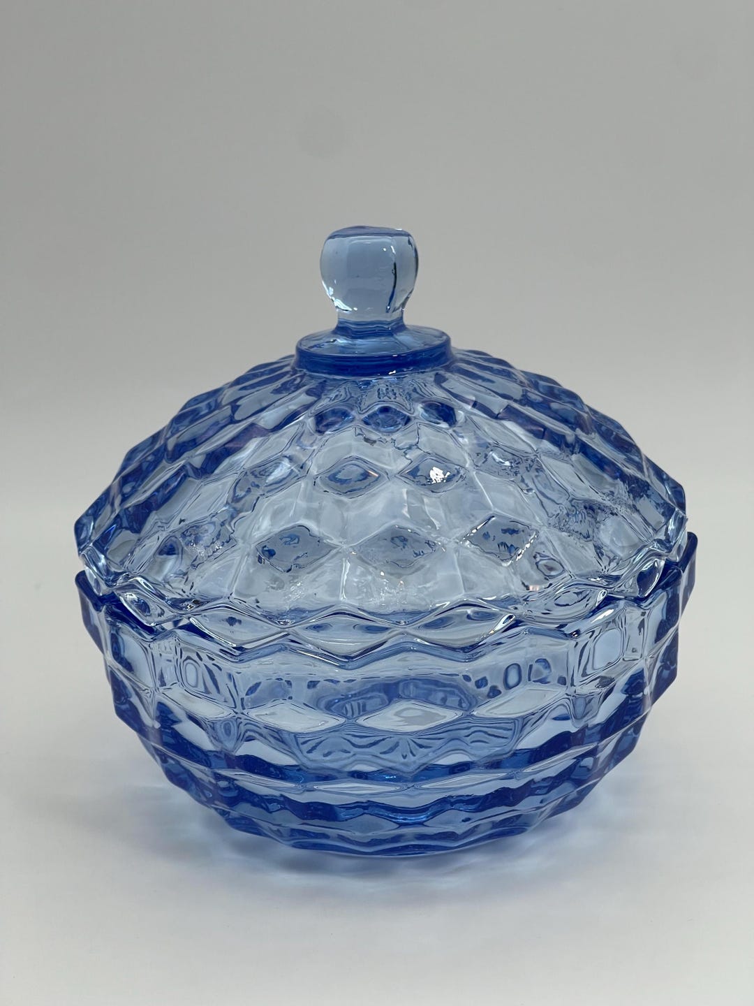 Vintage Indiana Glass Whitehall Colony Ice Blue Cubist Pattern Covered ...