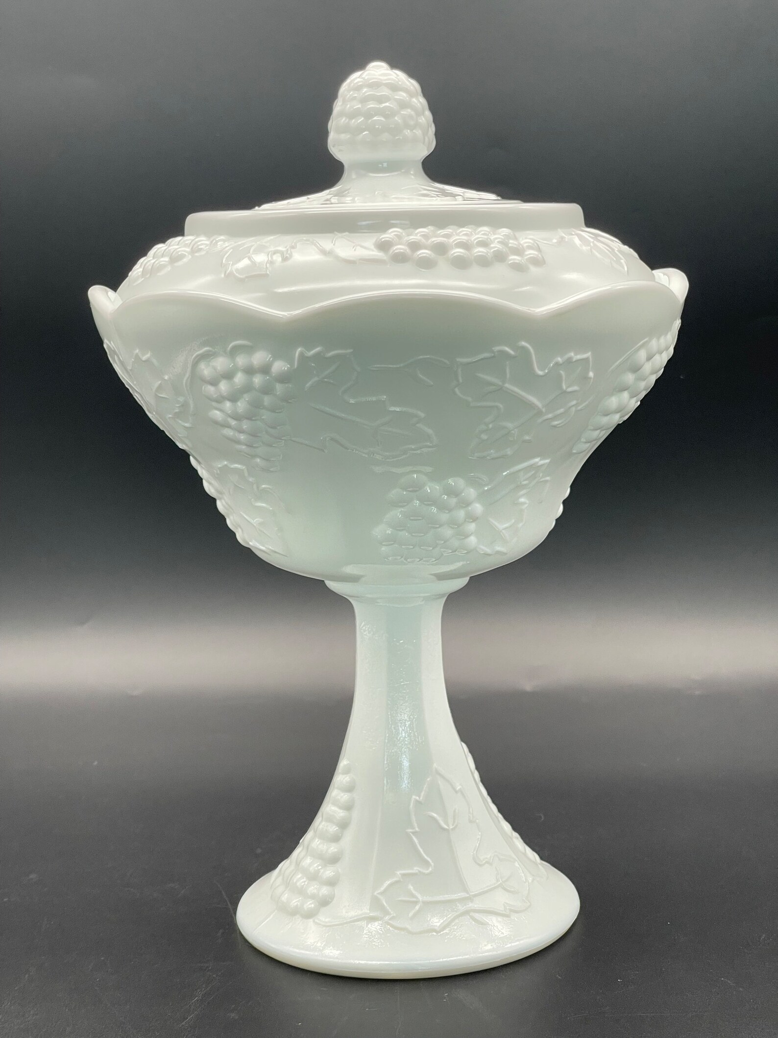 Indiana Glass Milk Glass Tall Covered Compote Candy Dish Harvest Grape ...
