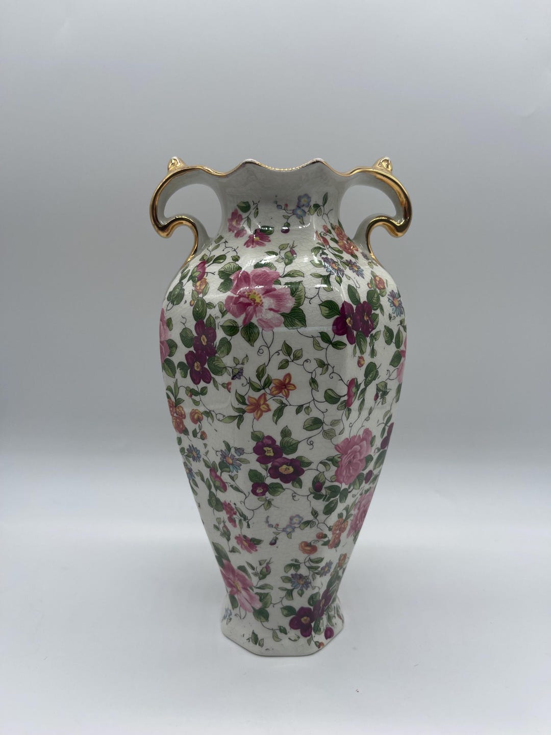 Porcelain Floral Vase With 2 Handles & Gold Trim 9in. Tall - READ - Etsy