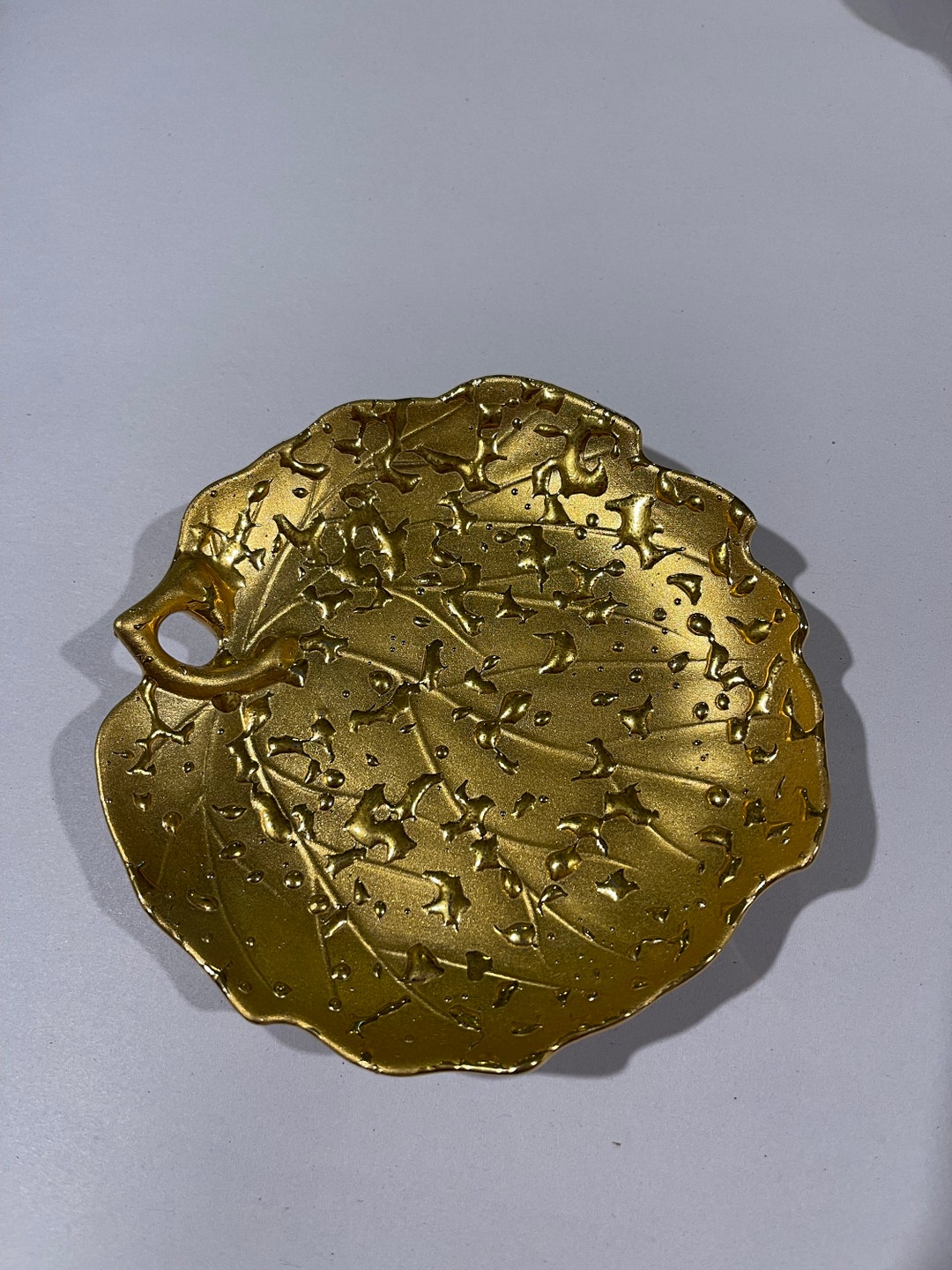 Weeping Bright Gold Hand Decorated Leaf Shaped Trinket Dish 22K Gold ...