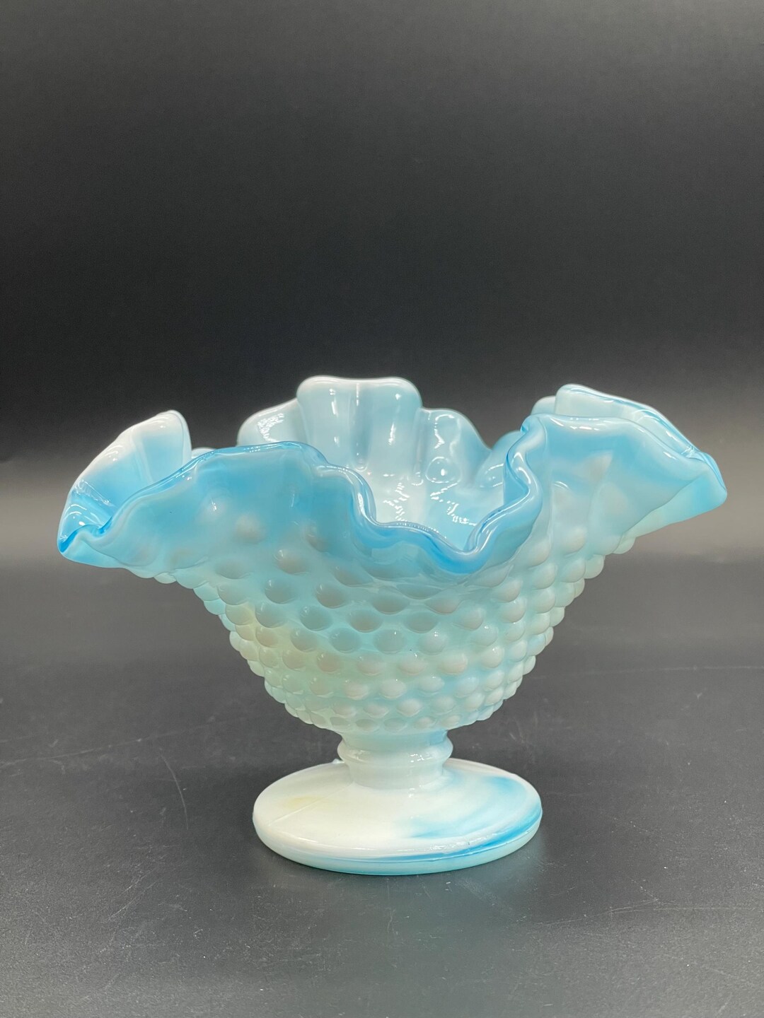 Fenton Hobnail Blue & White Slag Glass Short Compote Candy Dish Ruffled ...