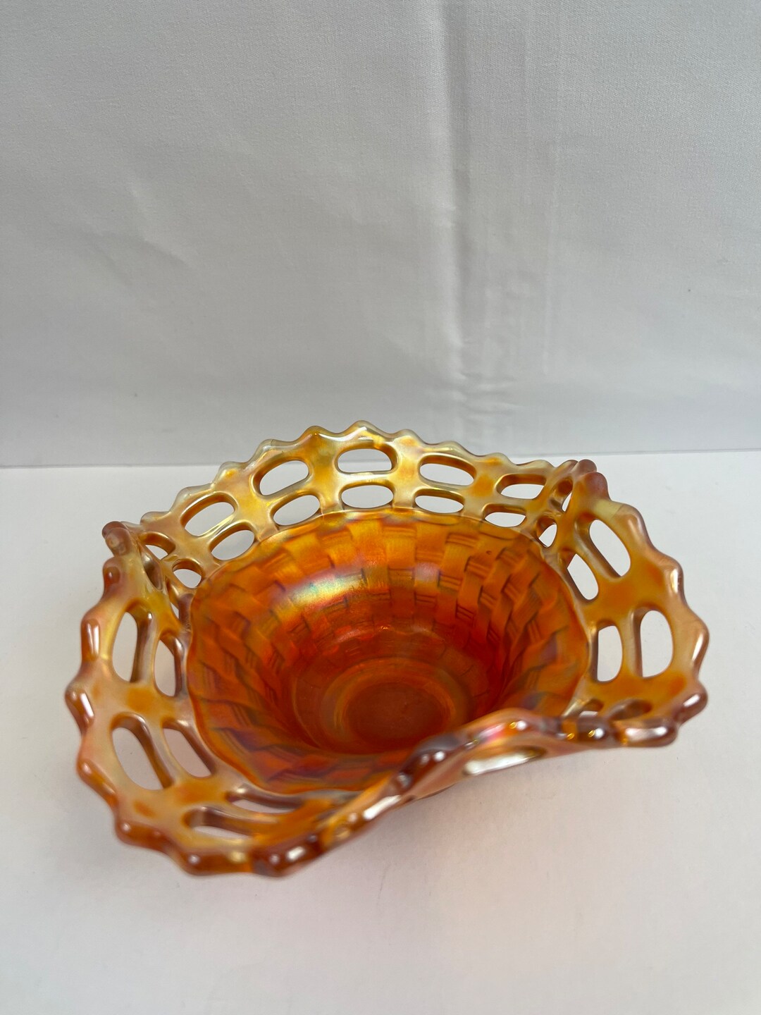 Fenton Marigold Carnival Glass Basketweave Ruffled Open Lace Rim Candy ...