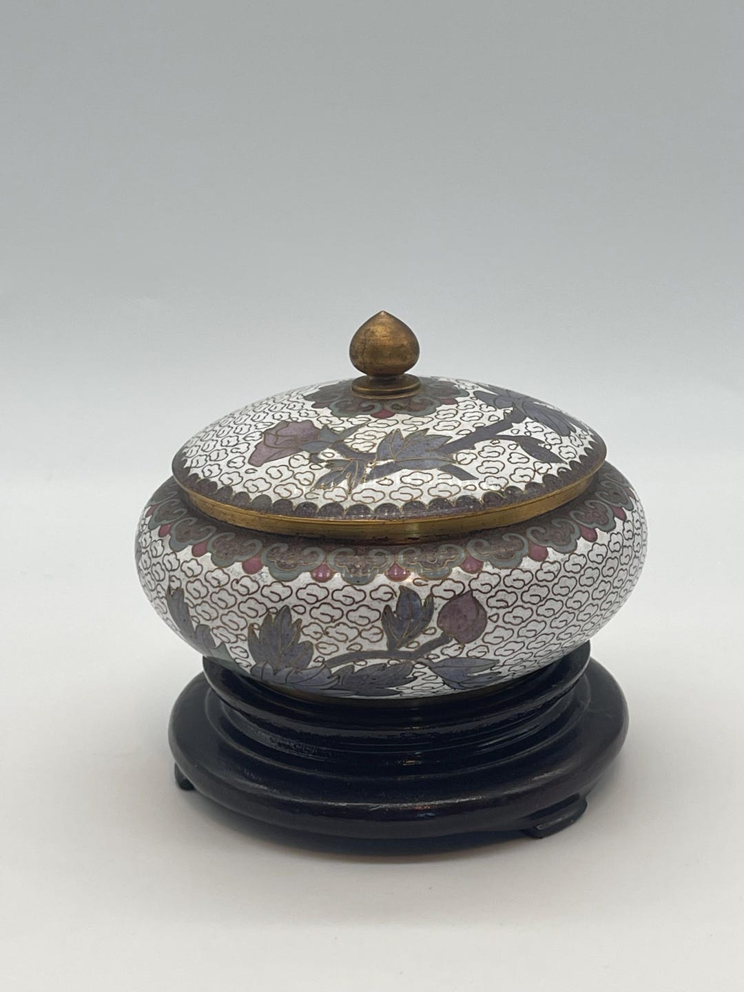 Vintage Chinese Jingfa Cloisonne Covered Bowl Trinket Dish With Wood ...